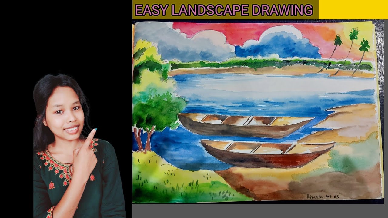 Esay landscape scenery drawing with watercolour for kids - YouTube