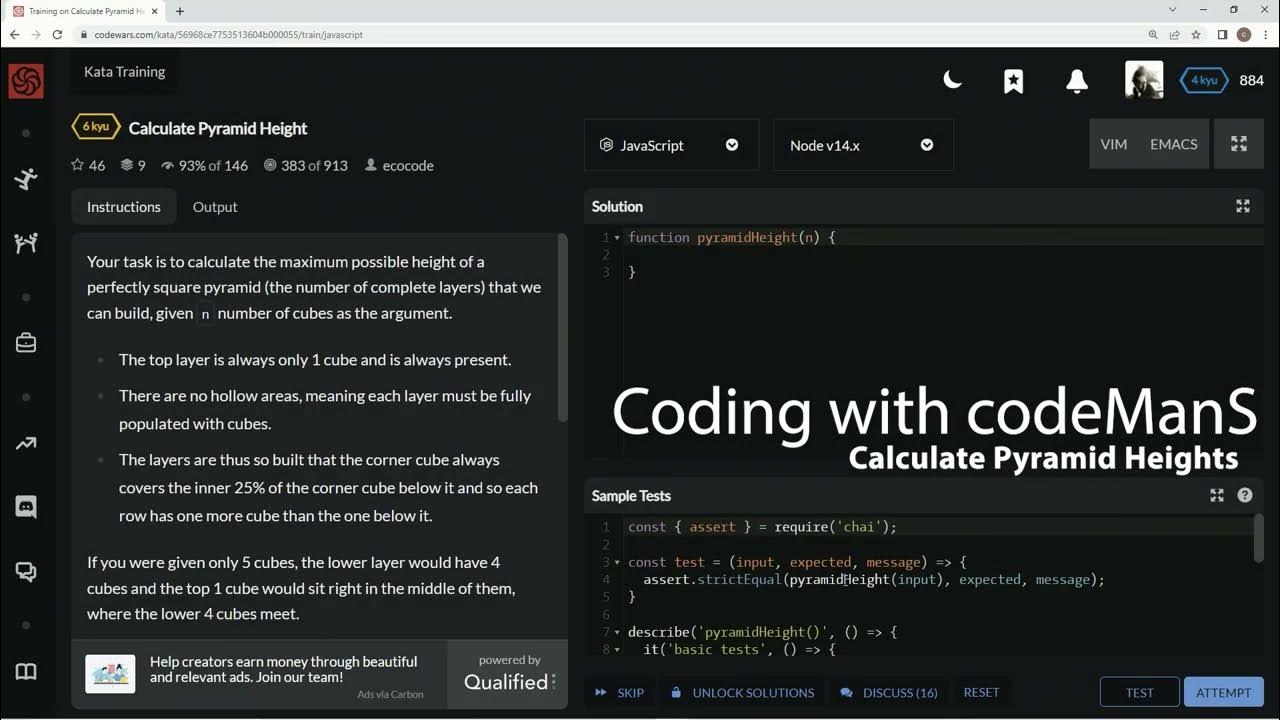 Codewars 6 Kyu Calculate Pyramid Height Javascript Youtube