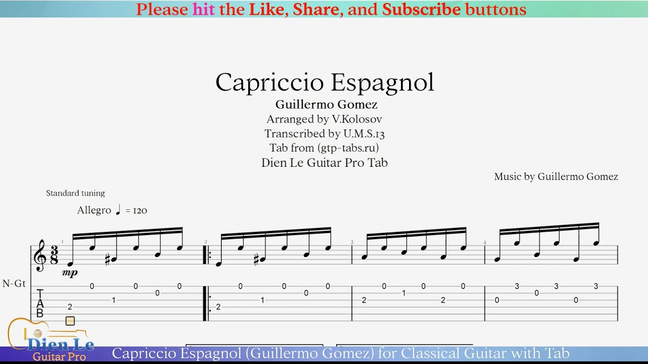 Capriccio Espagnol (Guillermo Gomez) for Classical Guitar with Tab ...