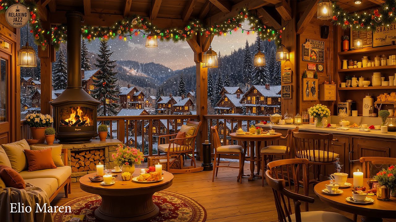 Snowy Day Café Ambience 4K ☕ Soft Jazz & Warm Light for Calm Focus ...