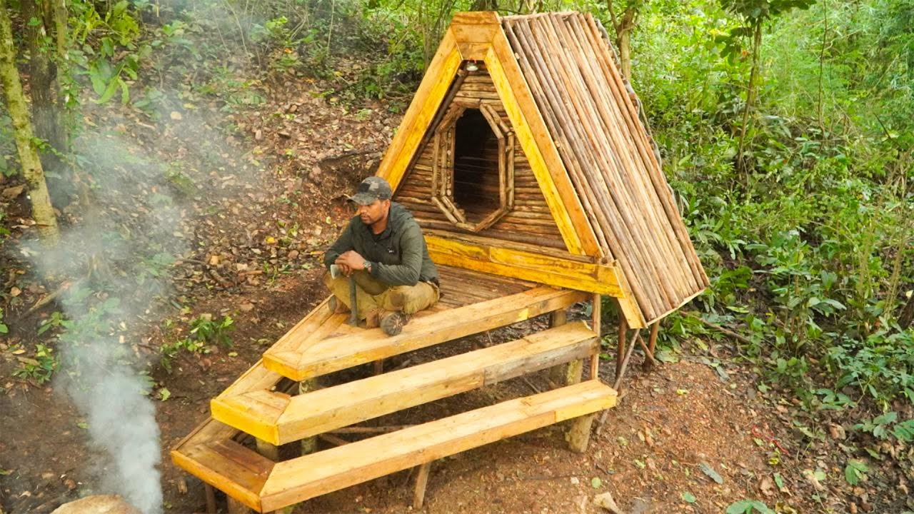 BUILDING COMPLETE RAINING THE WOOD LOG CABIN SHELTER - YouTube