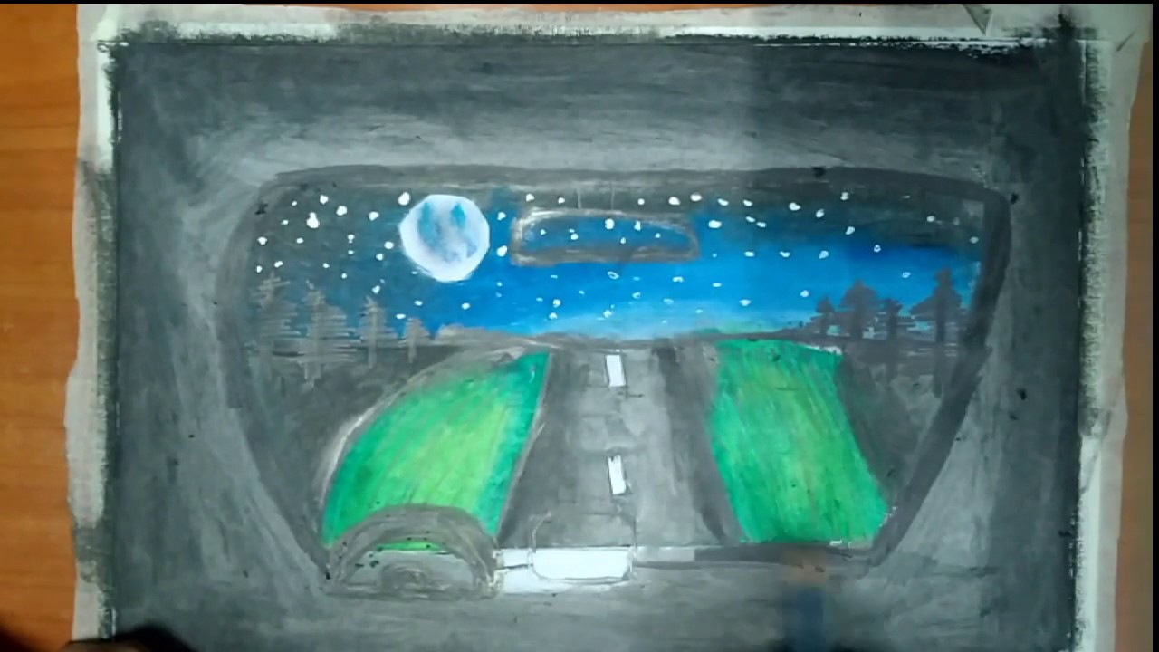 land scap draw in car window drawing draw by oil pastel color - YouTube