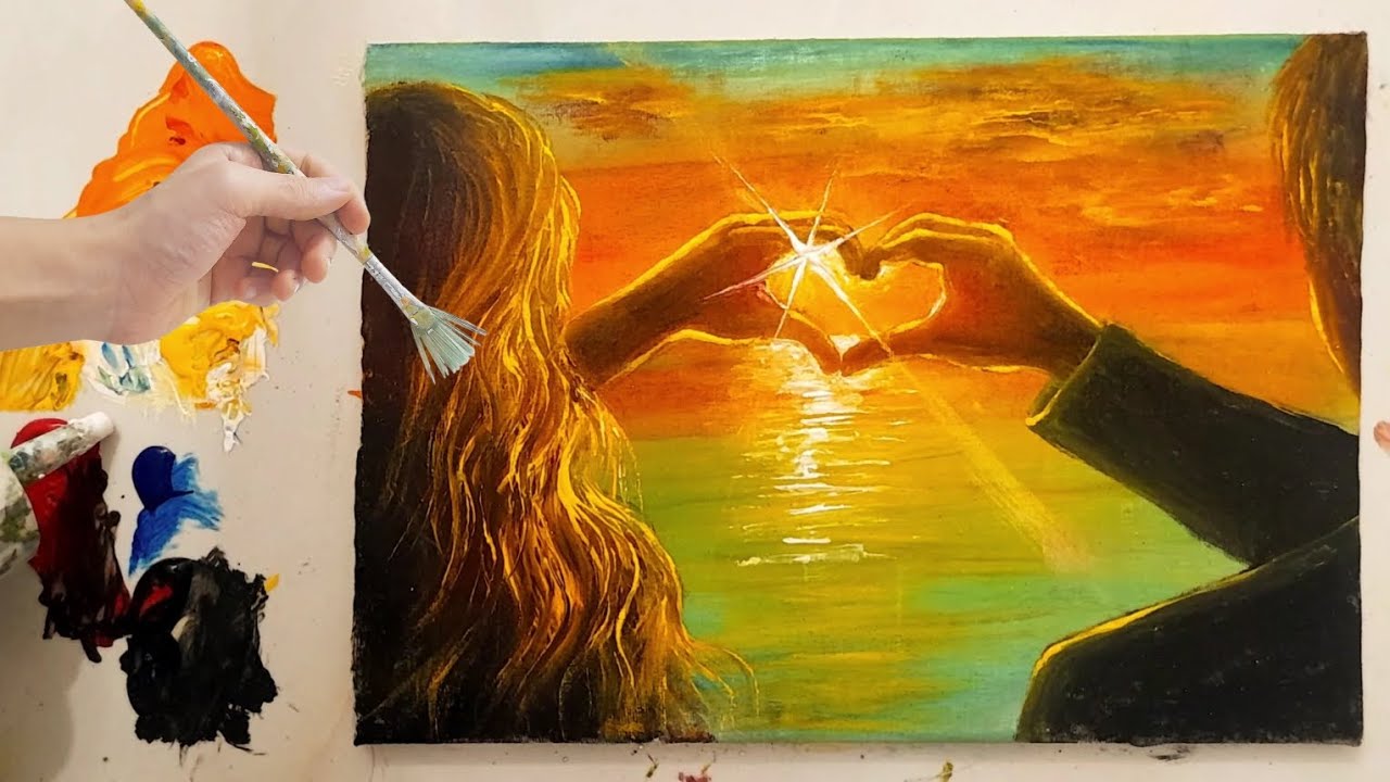 romantic painting of a couple making heart hands in a seascape 🫶🌅 ...