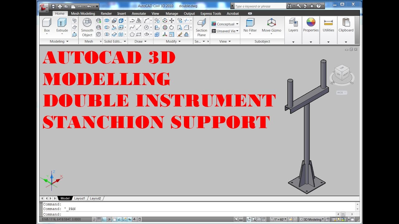 AutoCAD 3D, how to drawing double instrument stanchion support, autocad ...