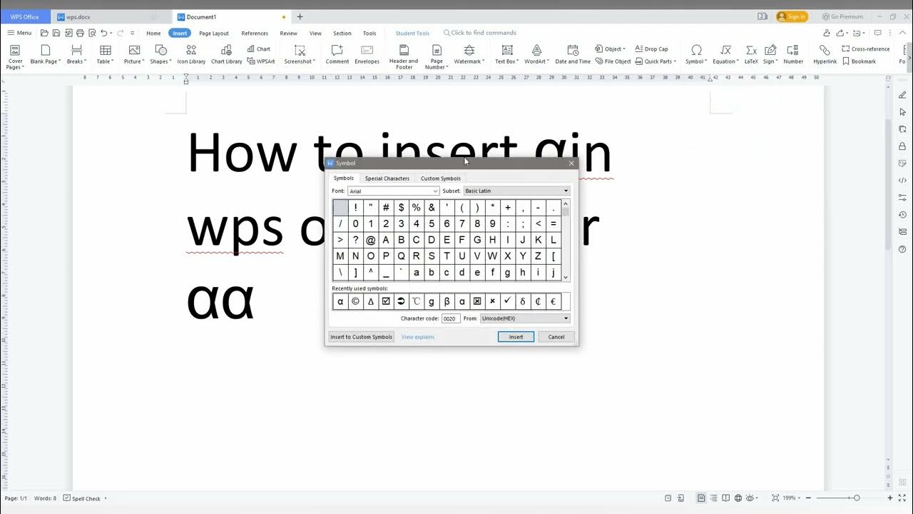 How to insert alpha symbol in wps office writer - YouTube