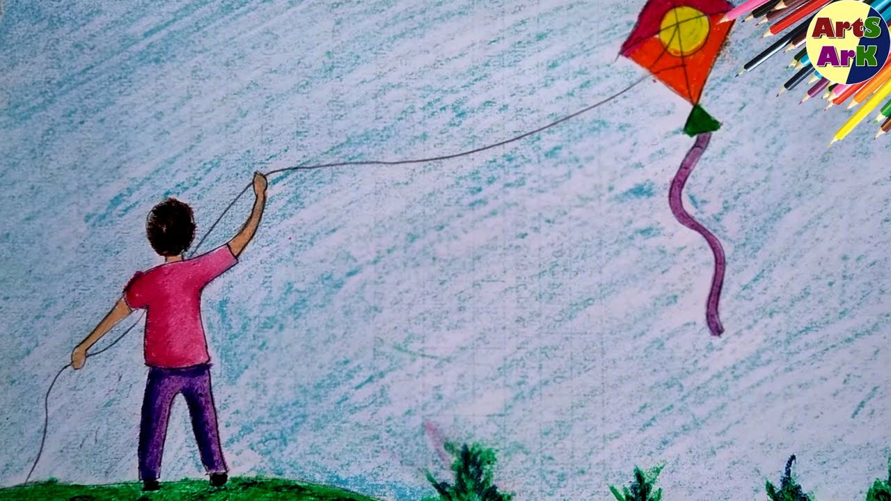Oil pastel secenery Drawing for beginners 23 | A Boy flying kite ...