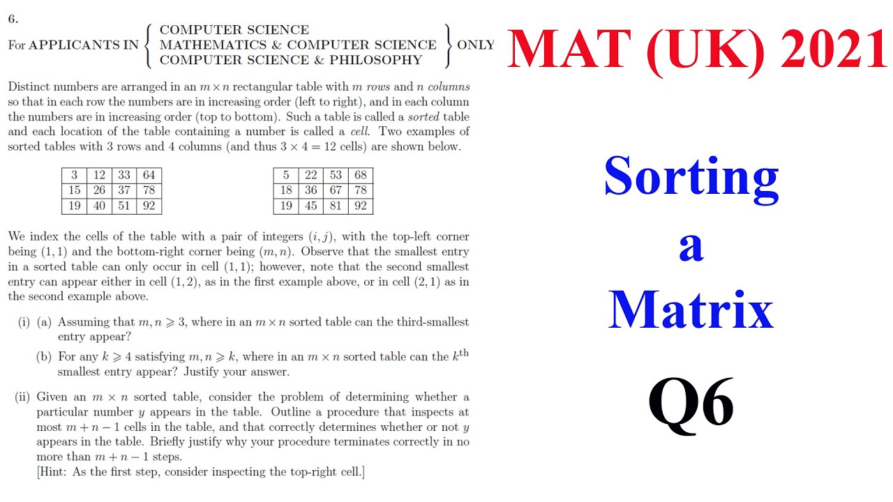 MAT (UK) 2021 | Q6 | Sorting a matrix - YouTube