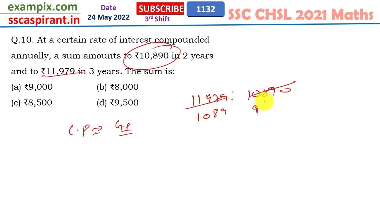 At a certain rate of interest compounded annually, a sum amounts to ₹10,890 in 2 years and to ...