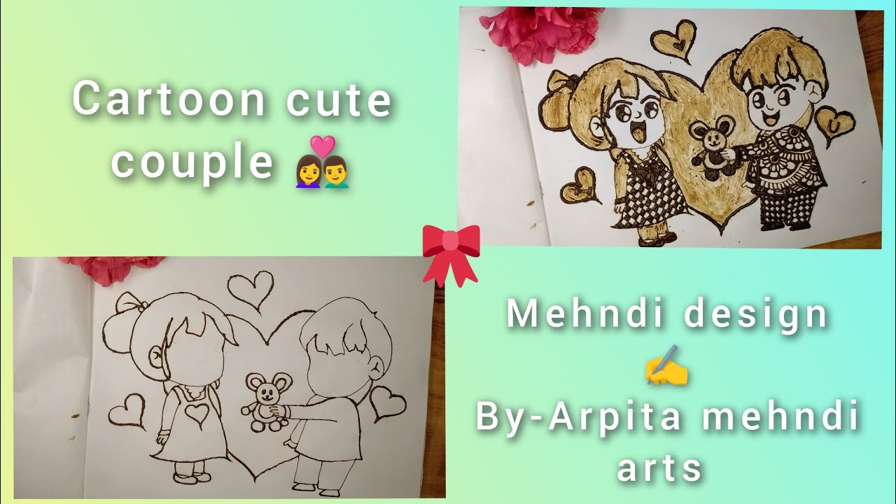 Cute Cartoon couple mehndi design/Easy mehndi design/mehndi/ आसन दुल्हा ...