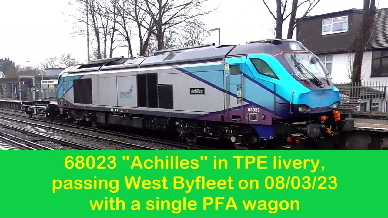 68023 "Achilles", in TPE livery, passing West Byfleet with a single PFA ...