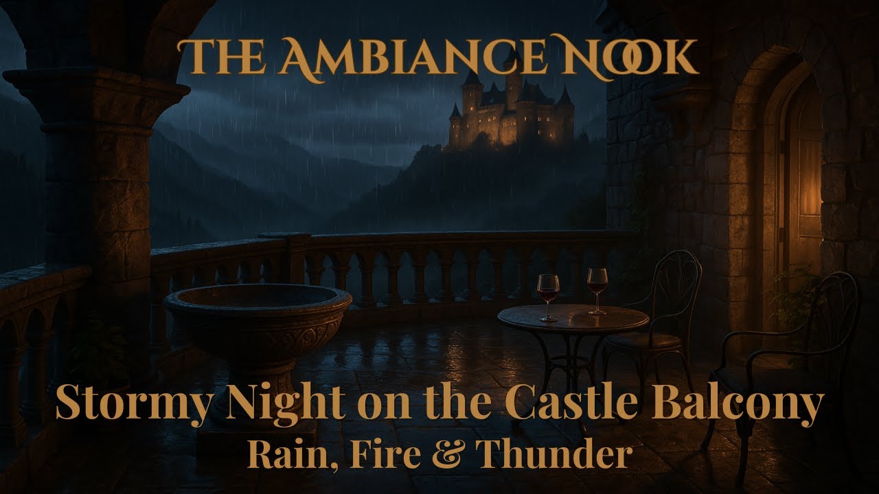 Stormy Night on the Castle Balcony | Rain, Fire & Thunder Ambience for ...