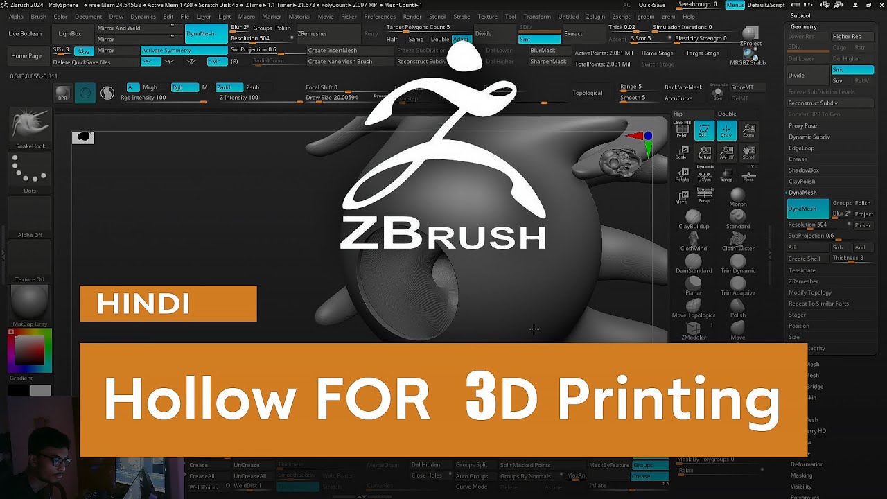 How to hollow model for 3d printing using Zbrush in hindi - YouTube