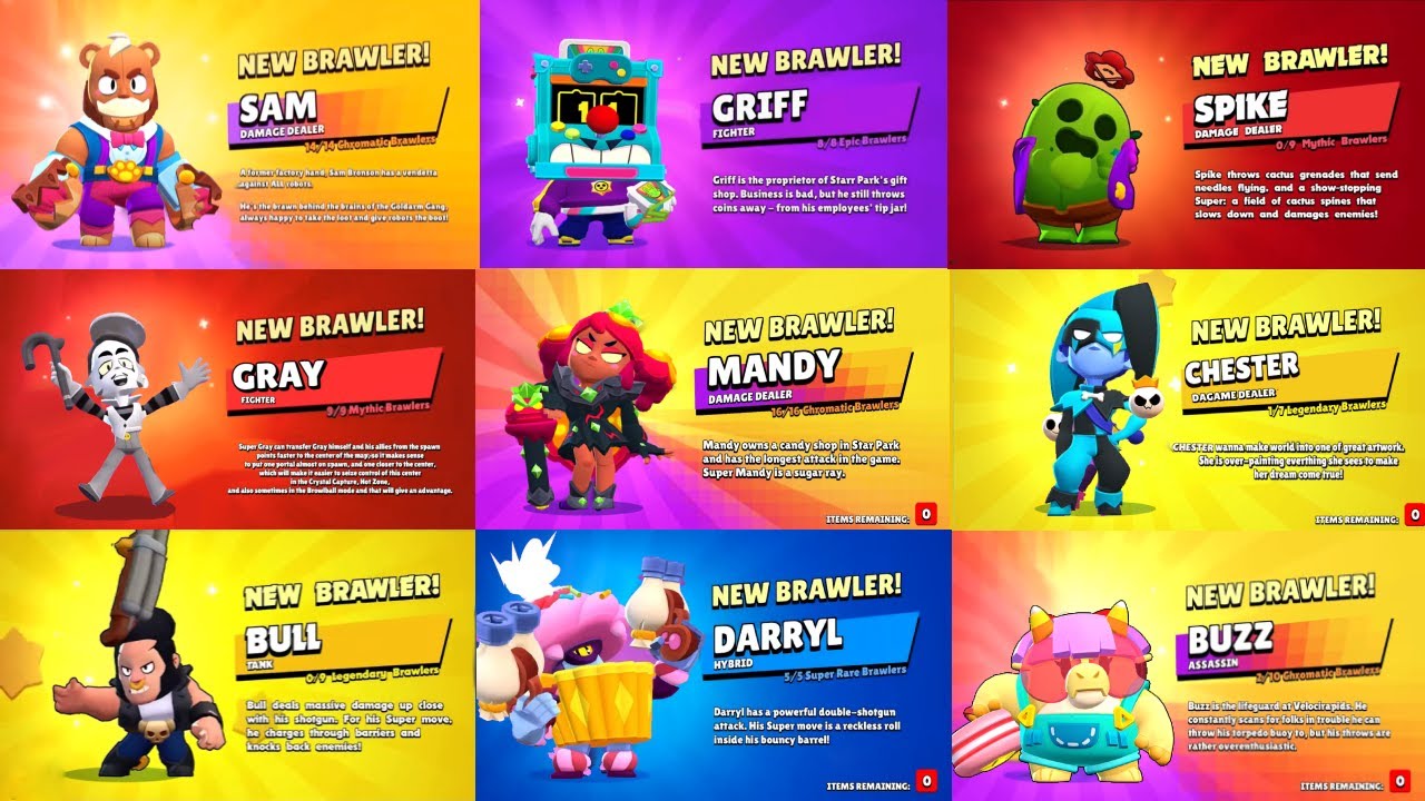 All 111 Brawlers Unlock Animation | New Brawlers Mandy | Chester | Gray ...
