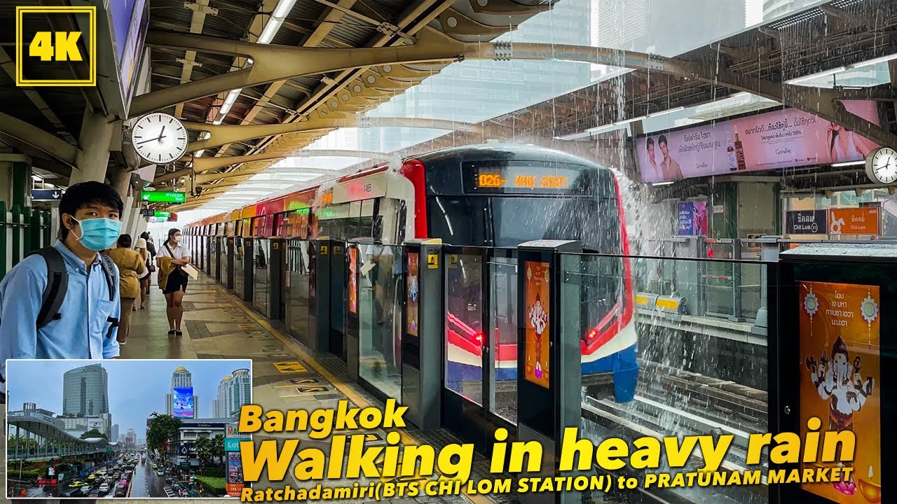 Bangkok , Walking in heavy rain Ratchadamiri(BTS CHI LOM STATION) to ...