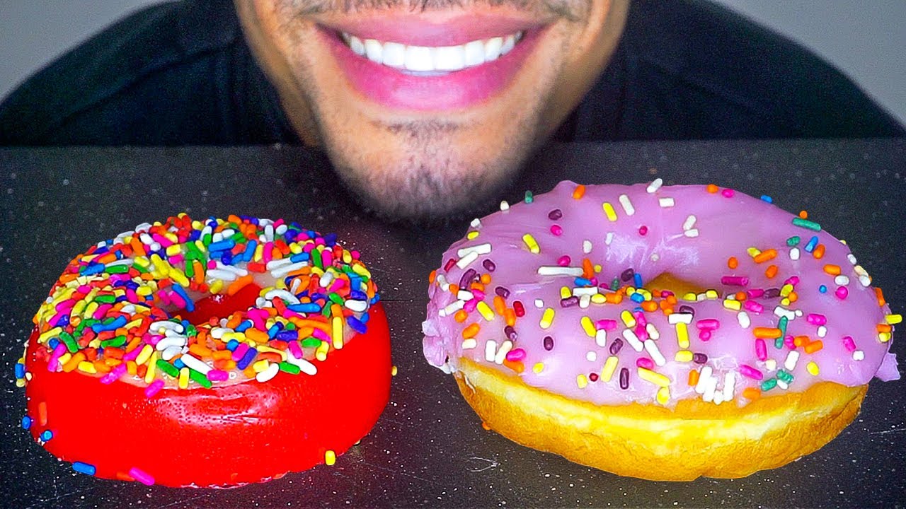 ASMR GUMMY DONUT vs. REGULAR DONUT CANDY MUKBANG SPRINKLES EATING ...