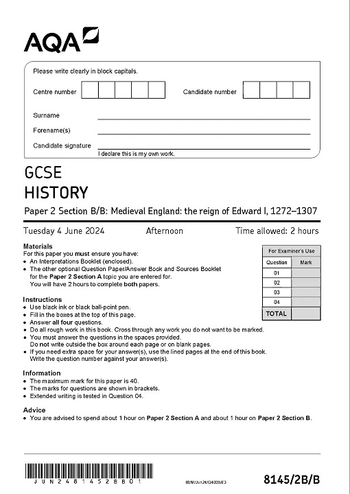 2024 AQA GCSE History Question Paper 2 8145 2b B Section B Bmedieval England The Reign Of Edward ...