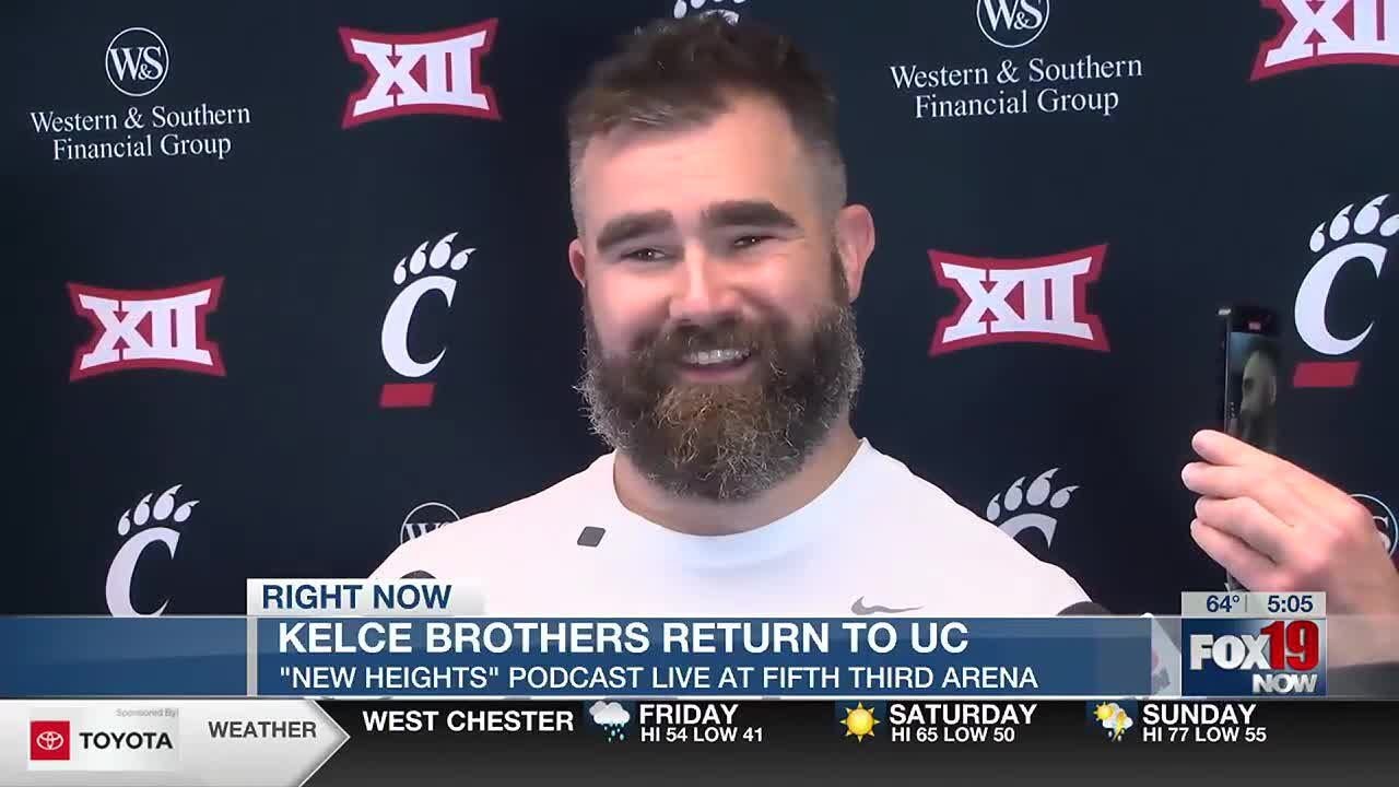 Travis, Jason Kelce bring 'New Heights' to UC - YouTube