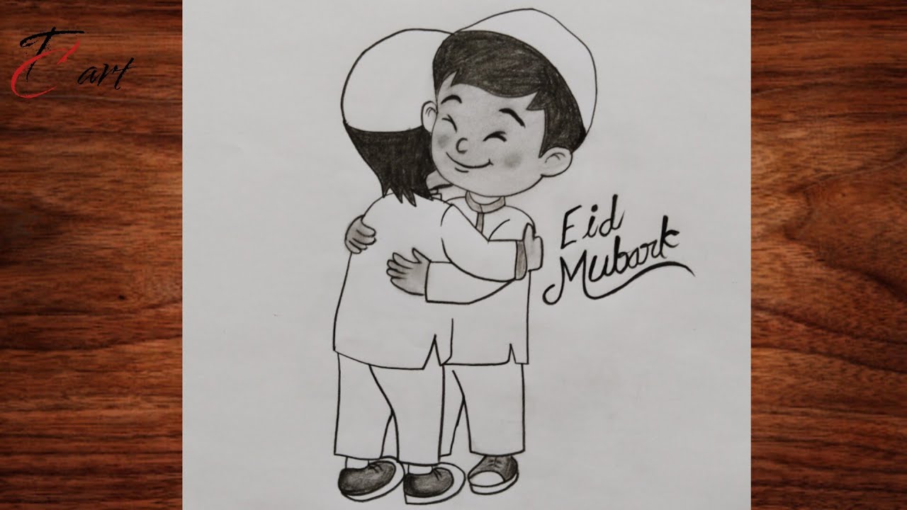 Easy Eid Mubarak Drawing Tutorial || How To Draw Hugging Each Other and ...