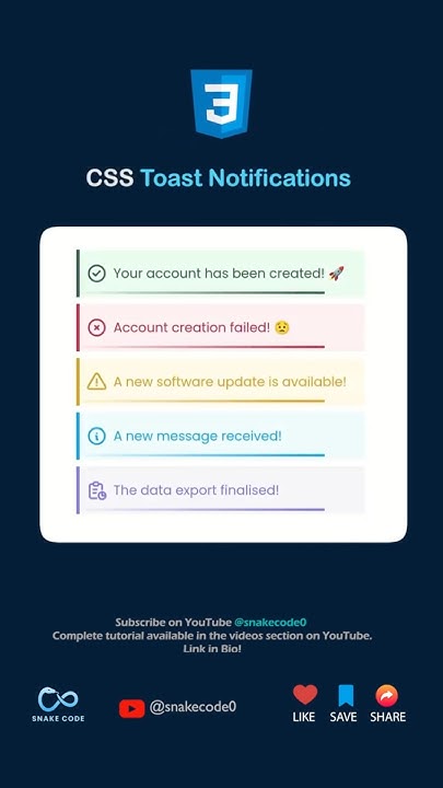 CSS Toast Notifications using #html and #css - YouTube