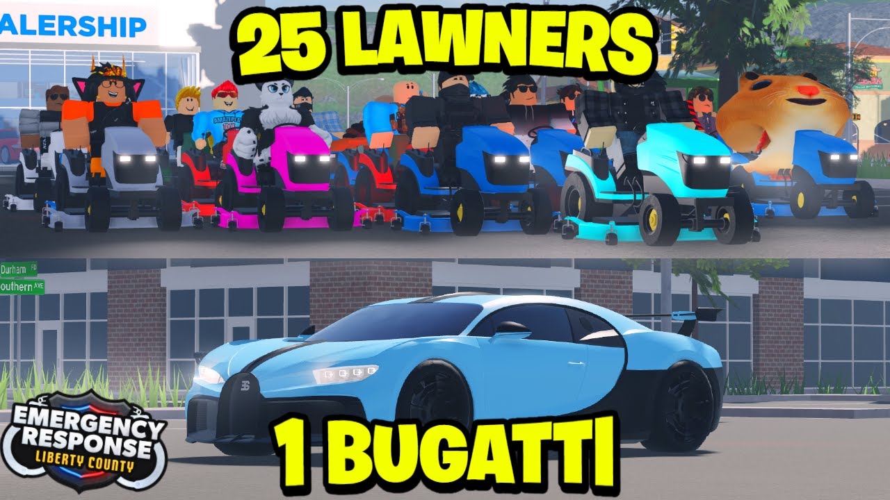 25 Lawnmowers VS 1 Bugatti (ERLC Liberty County) - YouTube