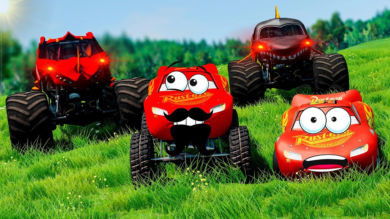 Two Lightning McQueen VS Two Monster Trucks in BemNG.drive - YouTube