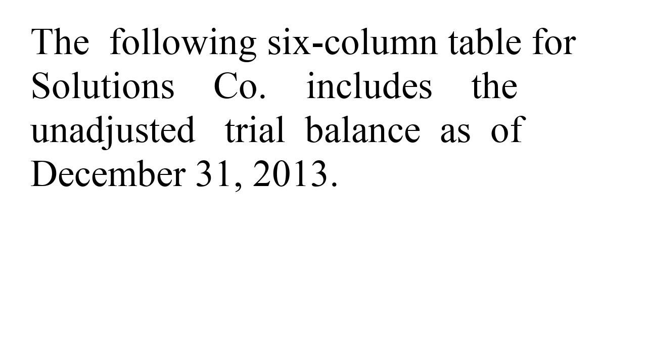 The following six column table for Solutions Co includes the unadjusted ...