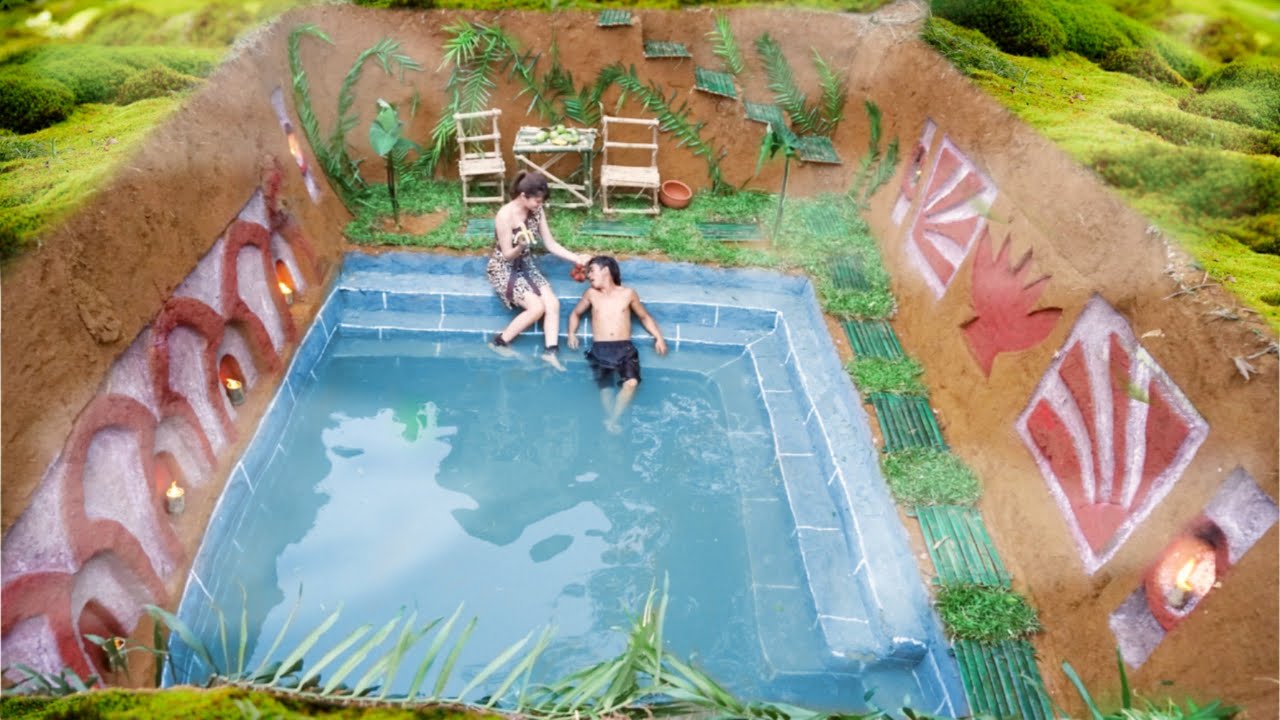 Build a pool and a hut in the jungle with a beautiful girl - YouTube