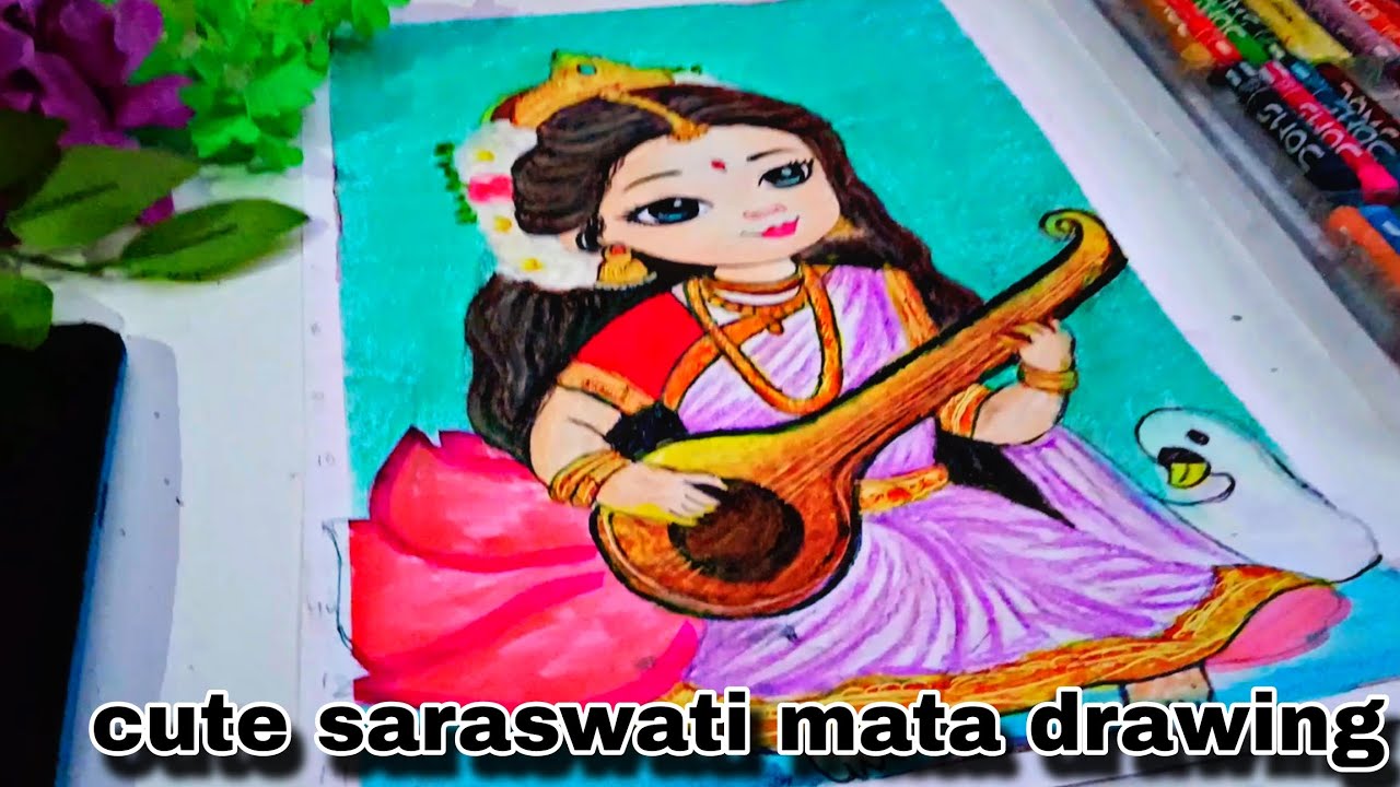 how to draw cute Saraswati Mata drawing | oil pastel drawing | step by ...