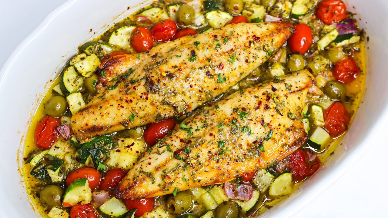 Super Easy and Flaky Baked Fish with Tomatoes and Olives. - YouTube