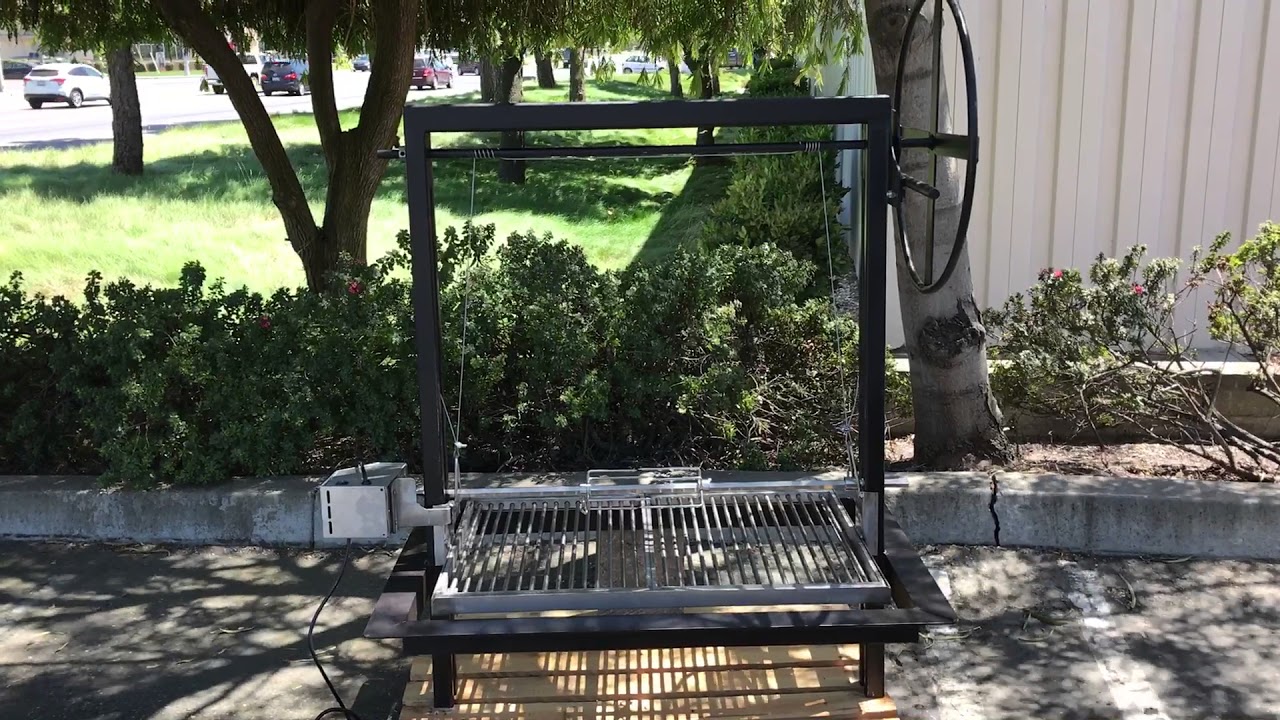 Height adjustable rotisserie on a steel drop in frame - YouTube