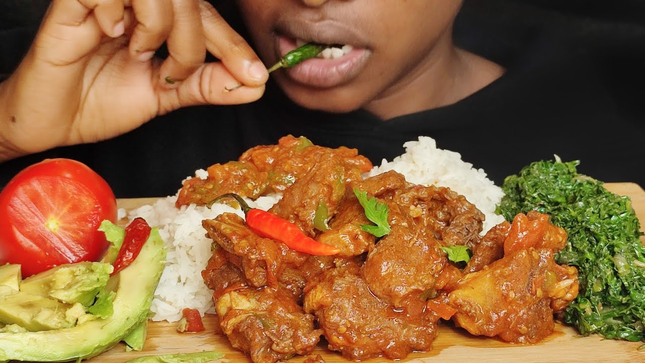 Mukbang Eating White Rice, Spicy Beef curry,kales and Avocado 🥑 - YouTube