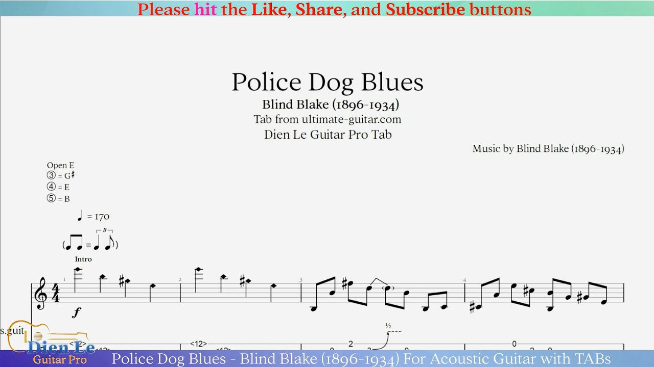 Police Dog Blues - Blind Blake (1896-1934) For Acoustic Guitar with ...
