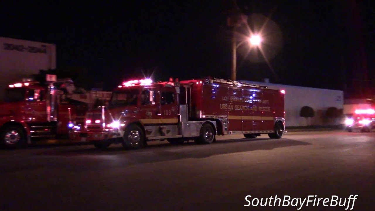 LACoFD USAR Task Force 103 arriving at Gladwick IC - YouTube