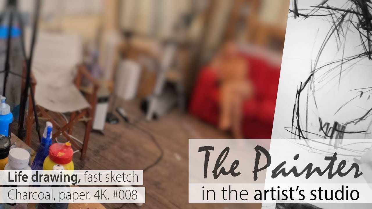 Life drawing - fast sketching by charcoal. In the artist's atelier ...