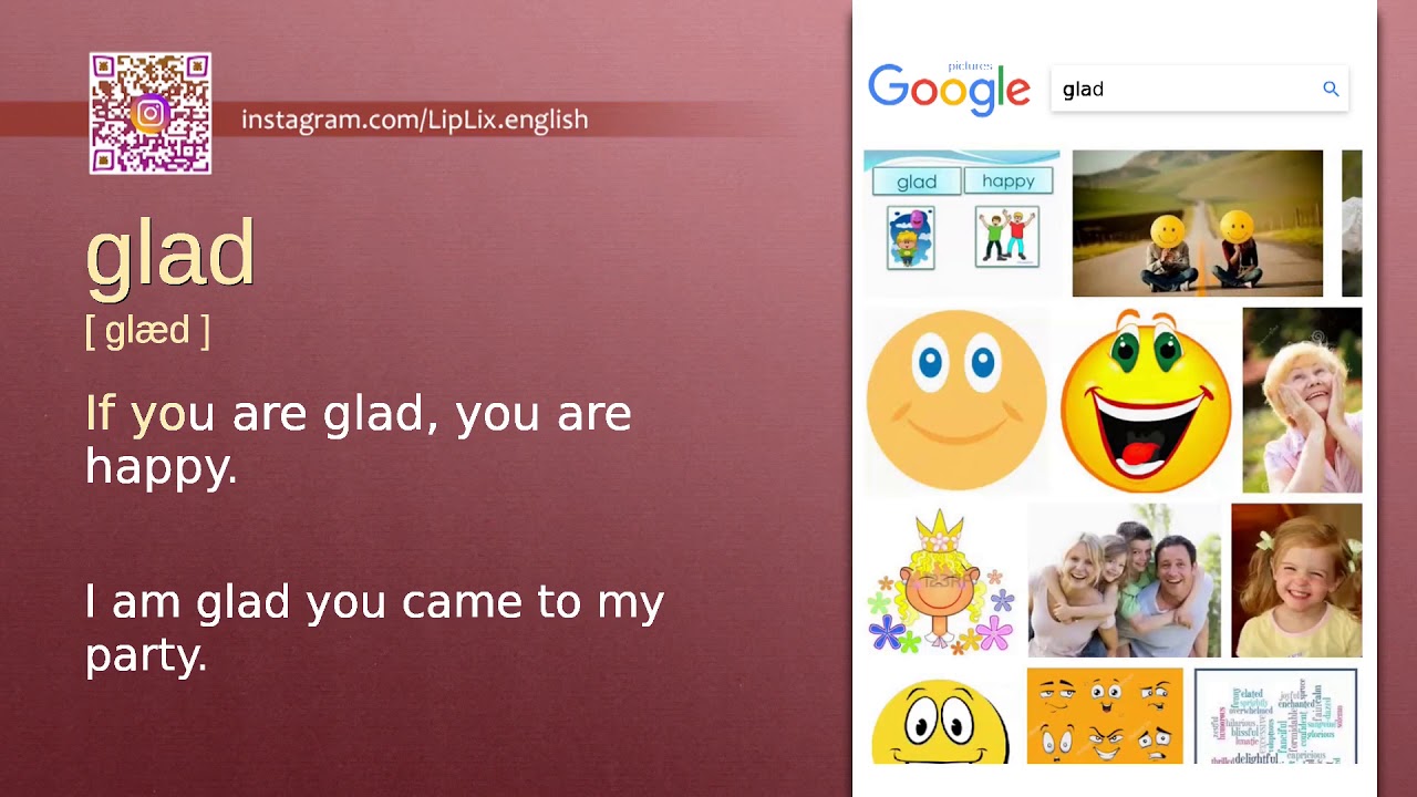 Glad : A2 level english vocabulary lesson, www.LipLix.com - YouTube