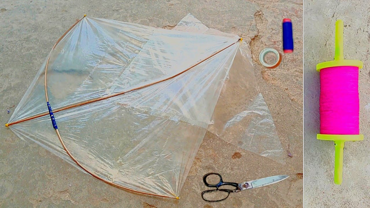 How To Make A Kite With Plastic Bag & Broom Sticks || Step By Step Kite ...