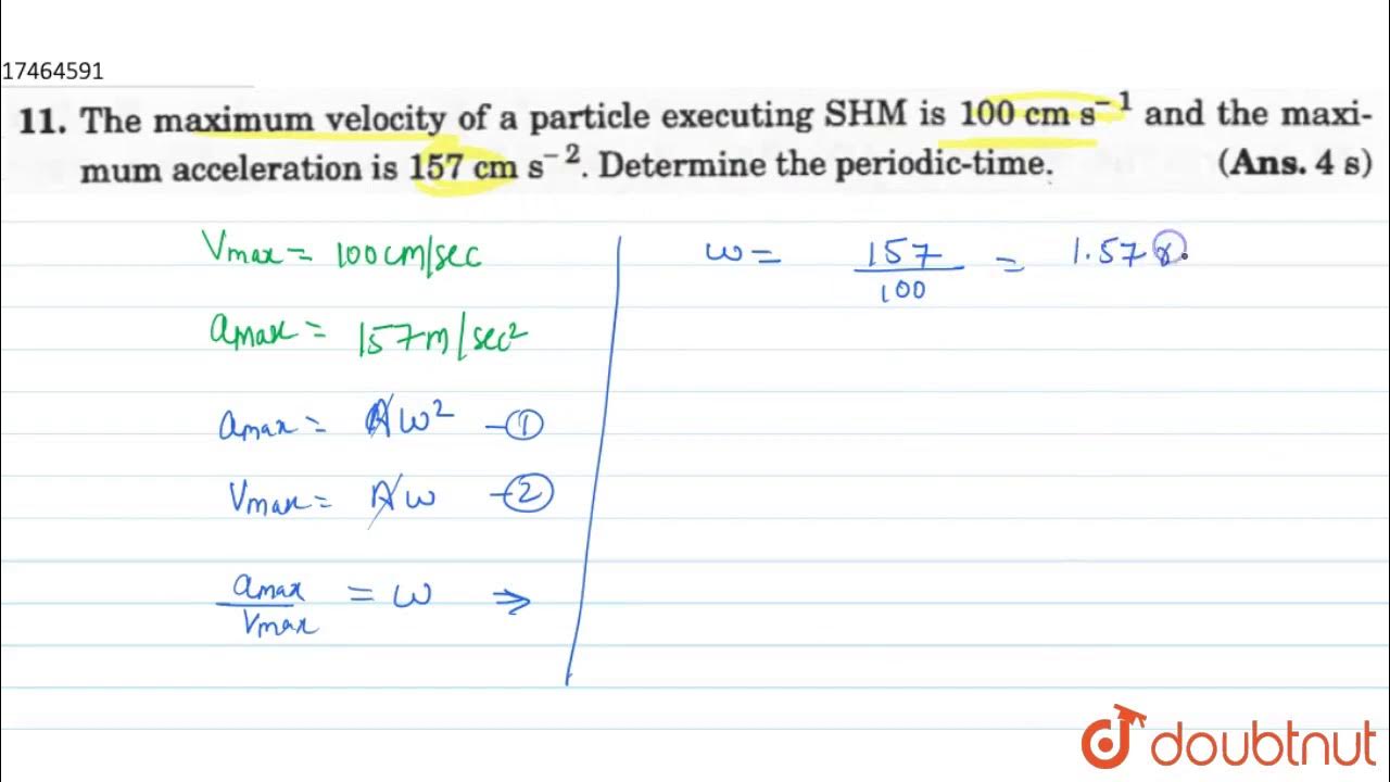 The maximum velocity of a particle executing SHM is `100cms^(-1)` and the maximum acceleration ...