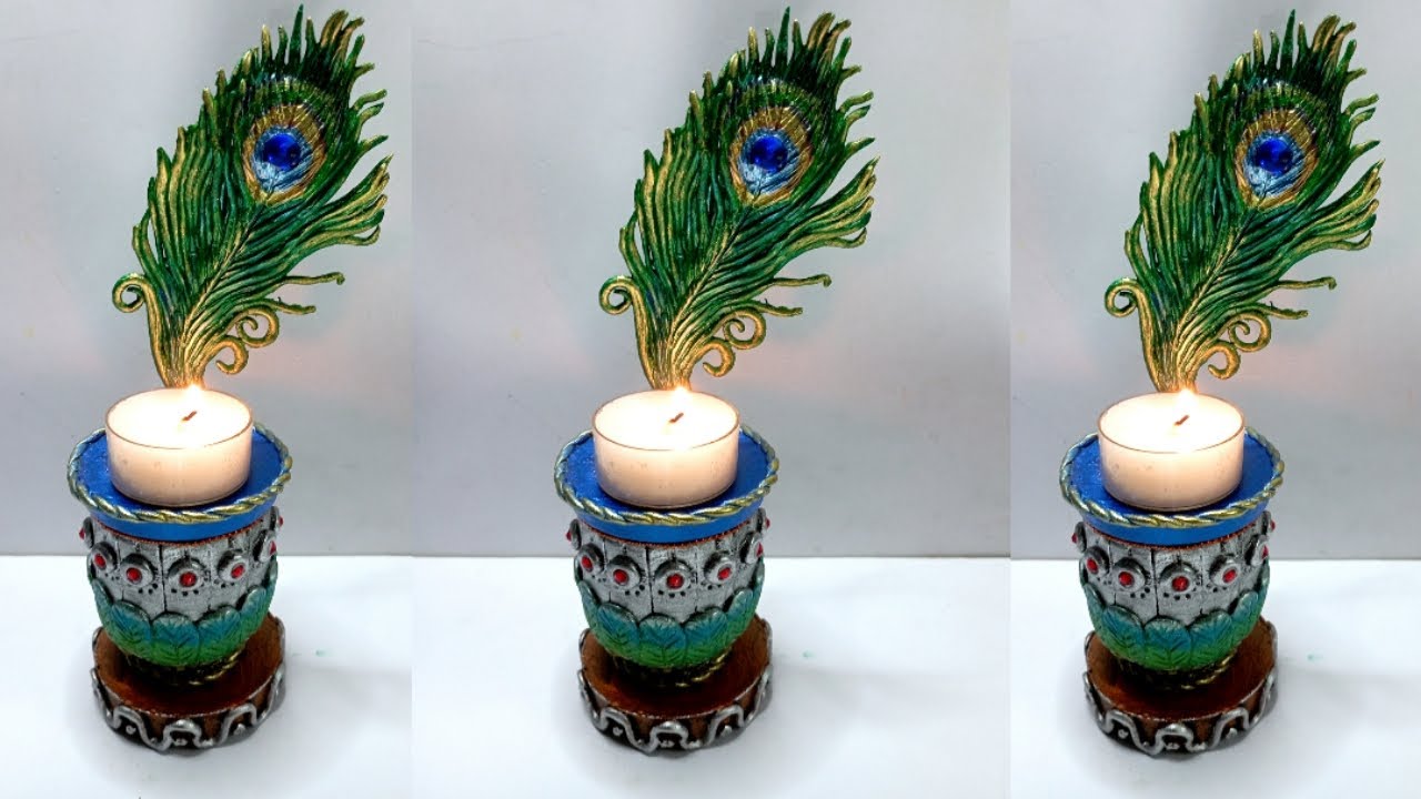 Peacock feather showpiece/Tealight candle holder from bottle ...