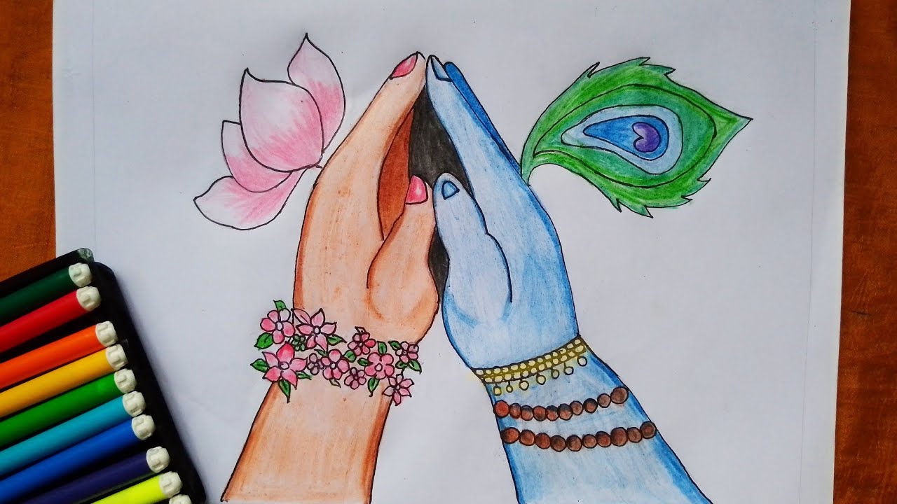 Lord Radha Krishna hands drawing (colouring) | Jai Radhe Krishna 💙 ...