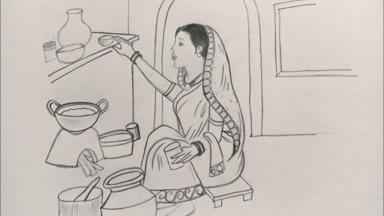 Easy pencil drawing | ️pencil sketch of an Indian village women cooking ...