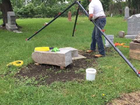 Tripod hoist lift 3 on Tillotson gravestone resetting - YouTube