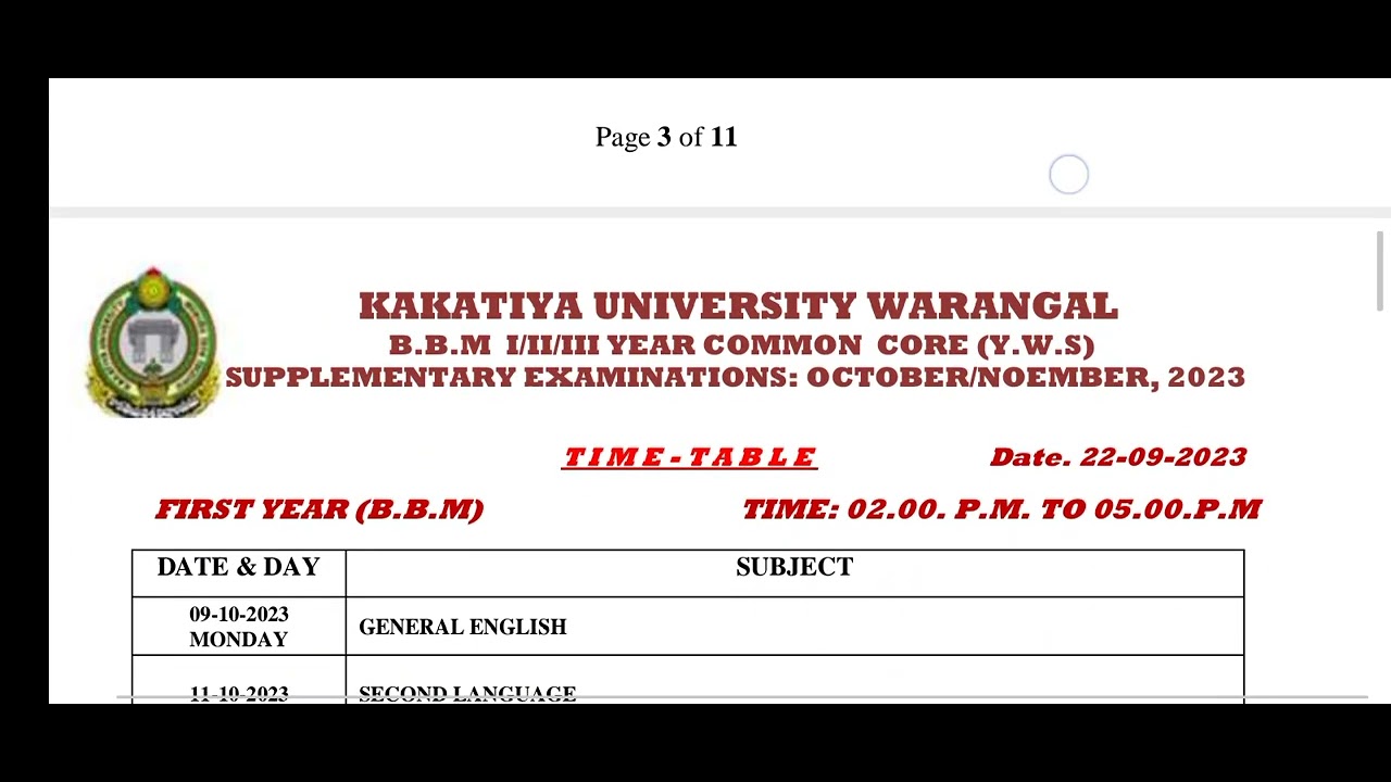 KU Degree Year wise scheme I II III year Supplementary Exam time table ...