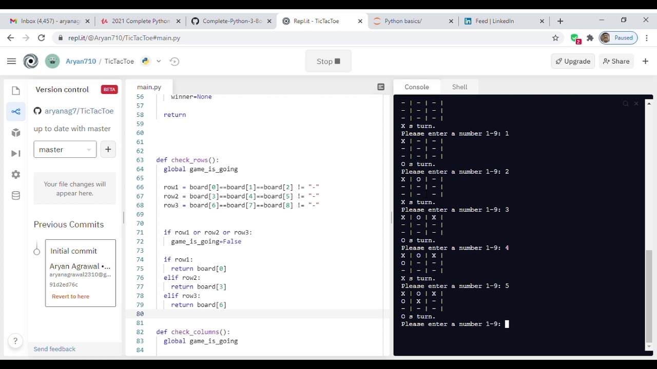 TIC TAC TOE USING PYTHON | REPL IT | - YouTube