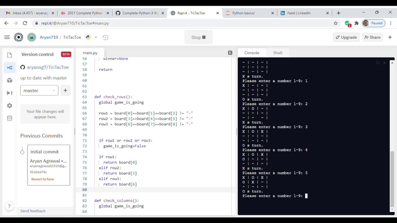 TIC TAC TOE USING PYTHON | REPL IT | - YouTube