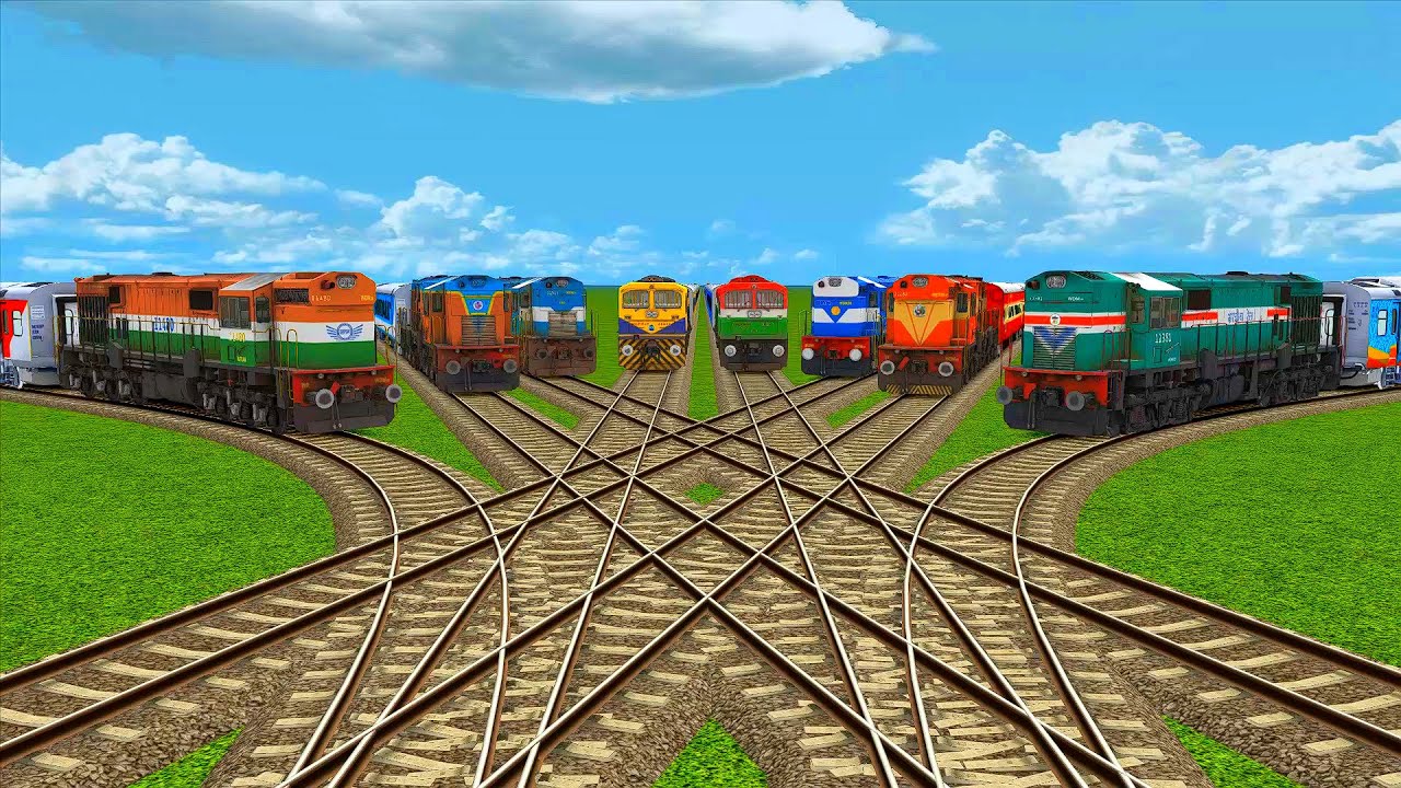 8 TRAINS CROSSING ON DOUBLE CROSS ROAD X AT BUMPY CRISS-CROSS AT SAME ...