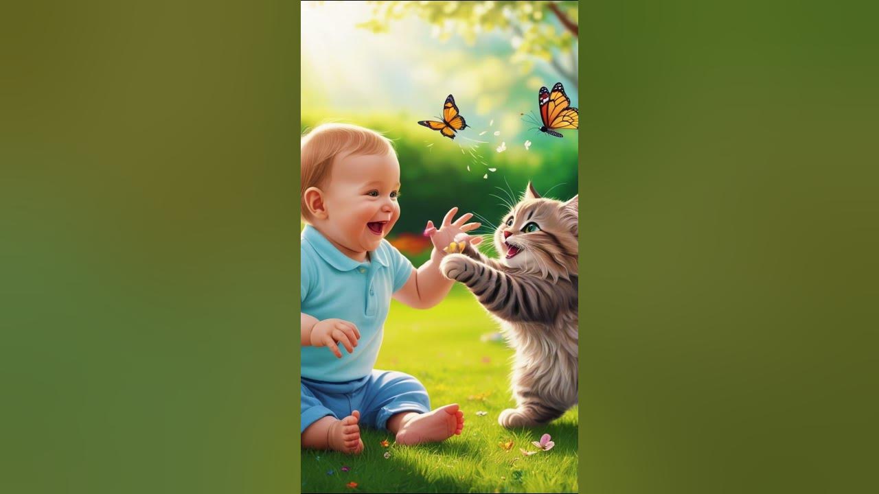 Cute baby playing with a little cat in the garden #Baby #cute #cat # ...