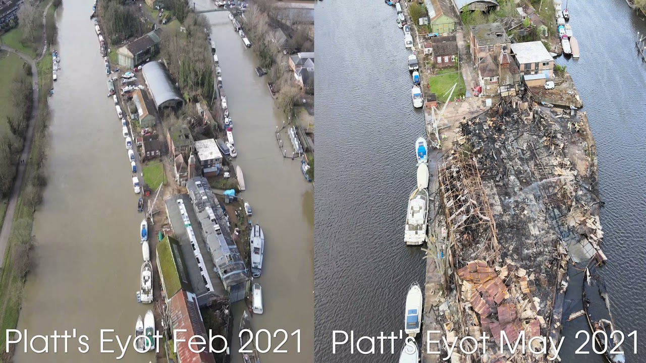 Fire damage on Platt's Eyot, River Thames (4k UHD Aerial drone footage ...