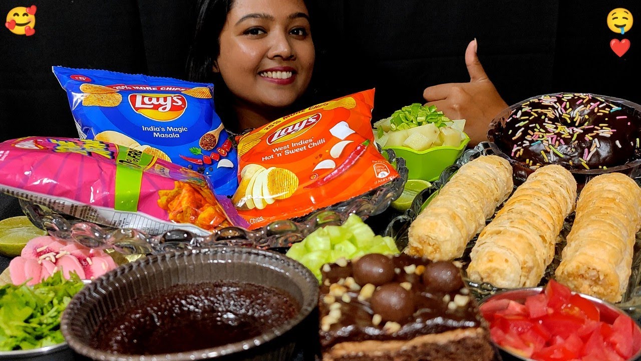 Eating 🤤 Chips Chat + Donut 🍩 + Cream Roll + Chocolate Cake + Chocolate ...
