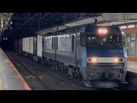 JR貨物EH200形18号機＋コキ13両が八王子駅2番線を通過するシーン（2082レ・高A232・コンテナ輸送）2025.6.23 - YouTube