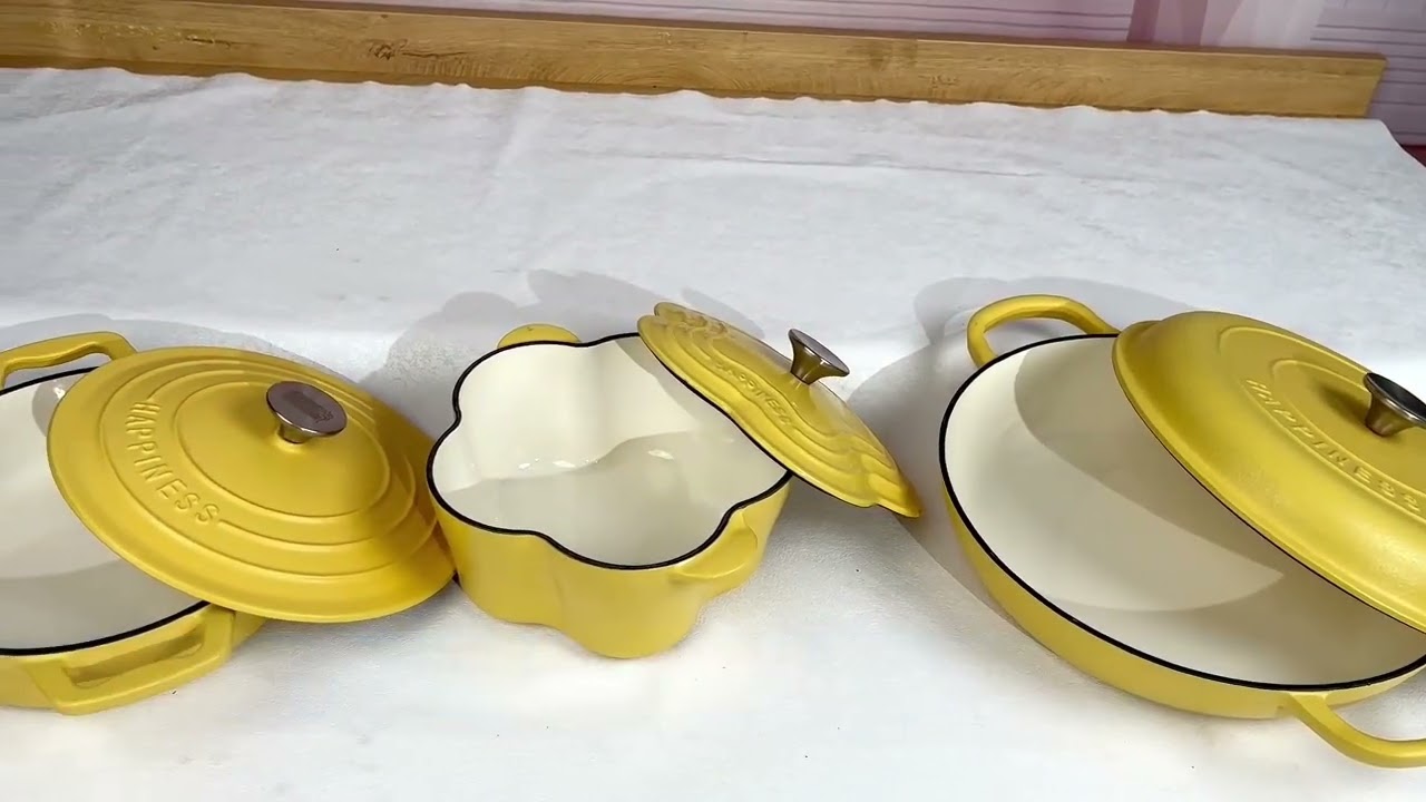 Yellow full set enamel cast iron cookware display - YouTube